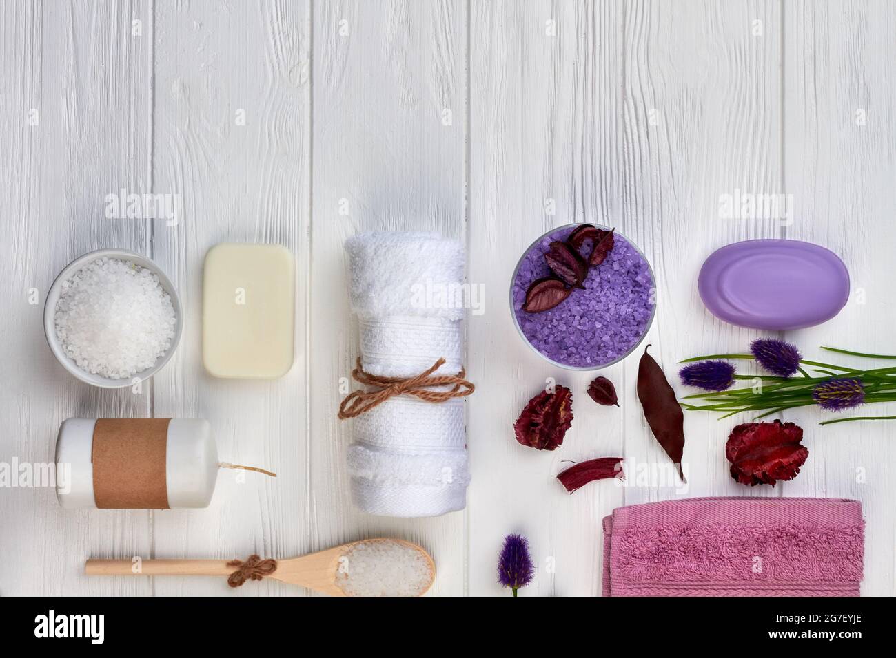 Flat lay items for spa treatment on white wooden desk Stock Photo - Alamy