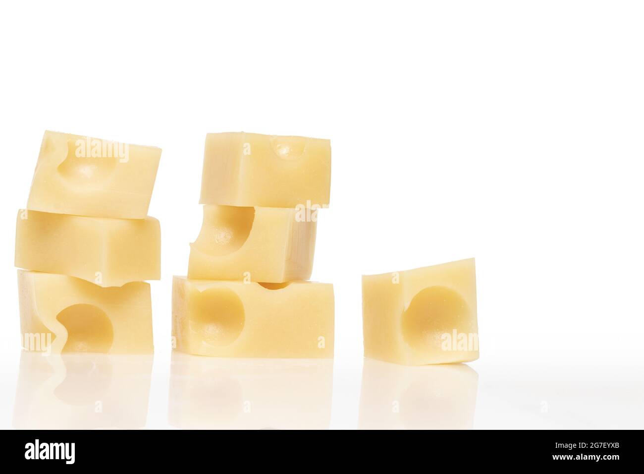 Closeup of tiny slices of Swiss cheese on a reflective surface on an ...