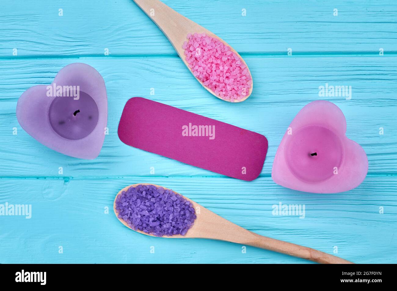 Composition of spa stuff and copy space on blue wood Stock Photo - Alamy