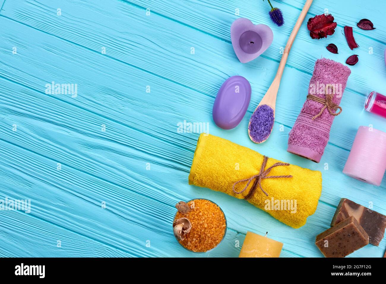 Bath and spa stuff on blue wooden table top view flat lay Stock Photo ...