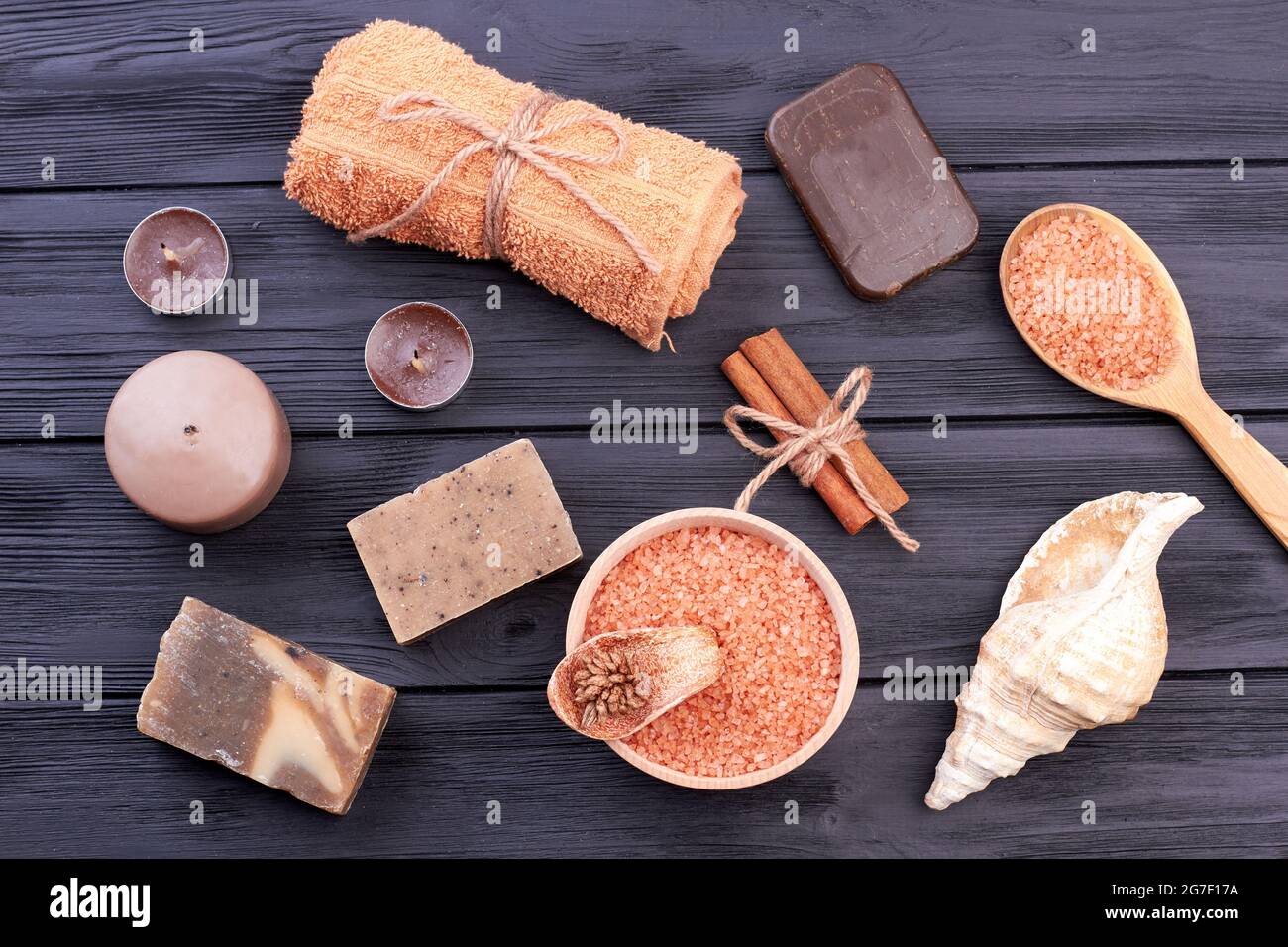 Flat lay brown items for spa treatment Stock Photo - Alamy