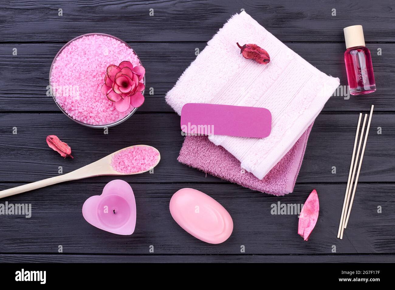 Flat lay set of pink stuff for spa treatment Stock Photo - Alamy