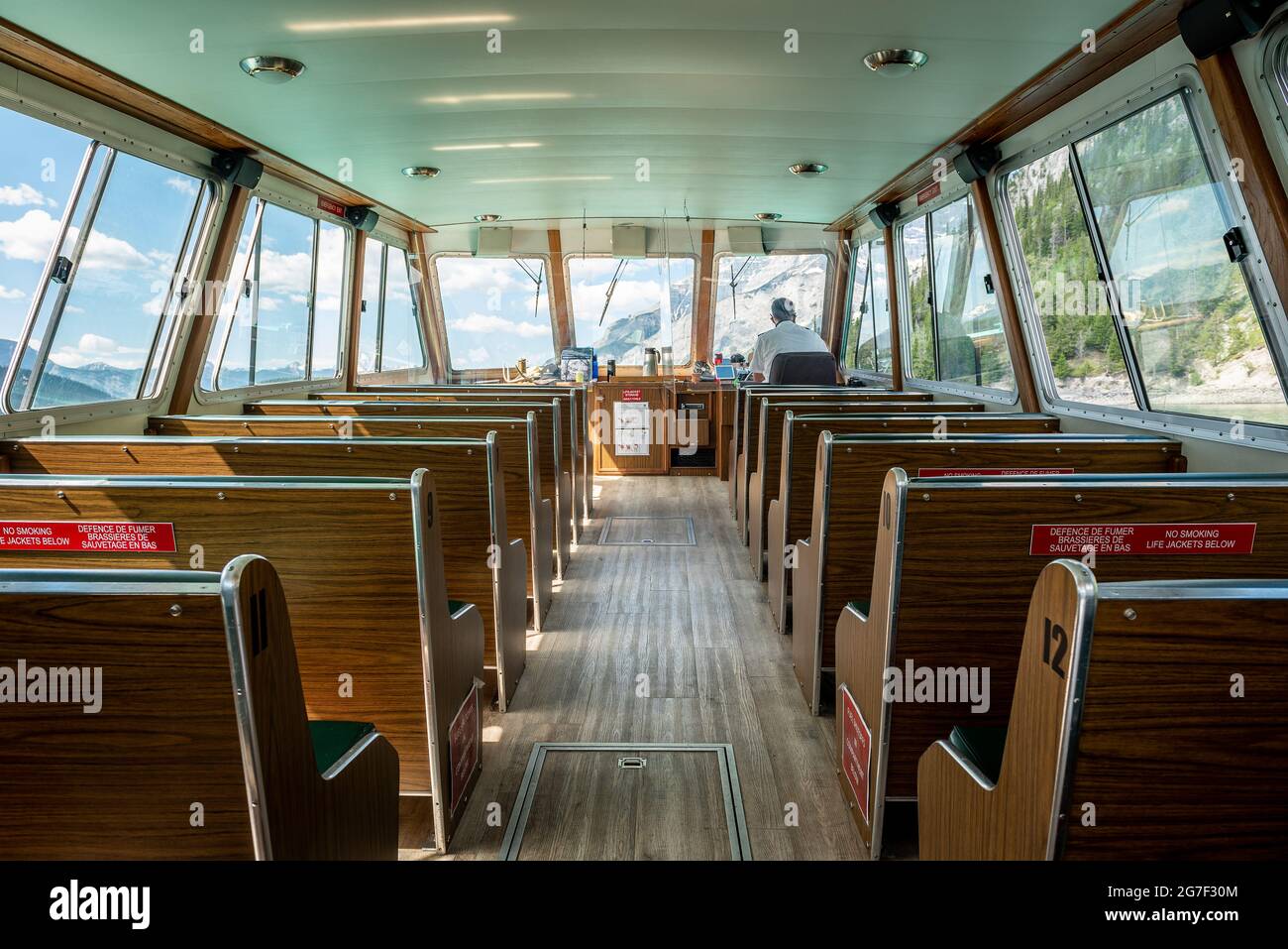 BANFF, CANADA - Jun 23, 2021: Inside the cruise boat with a view of the ...