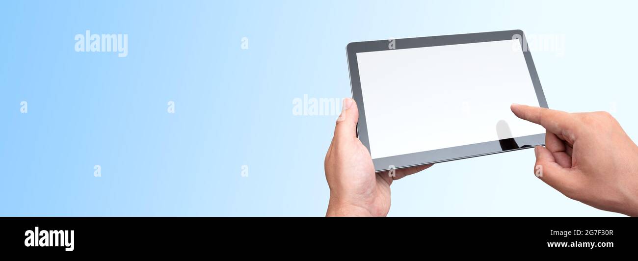 Hand holding digital tablet, placeholder for app, blank screen mockup ...