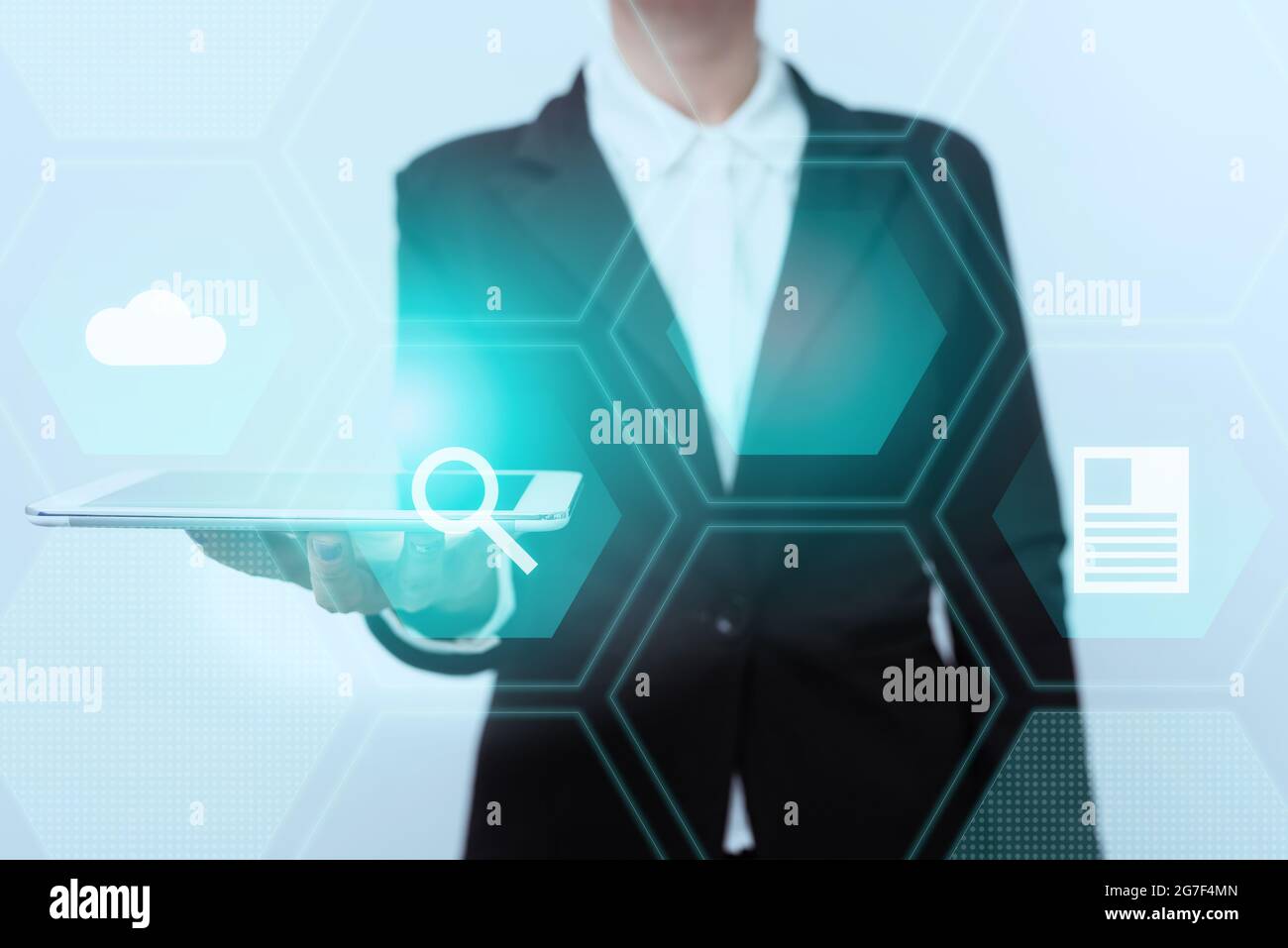 Woman In Uniform Standing And Displaying Mobile Device Using Futuristic ...