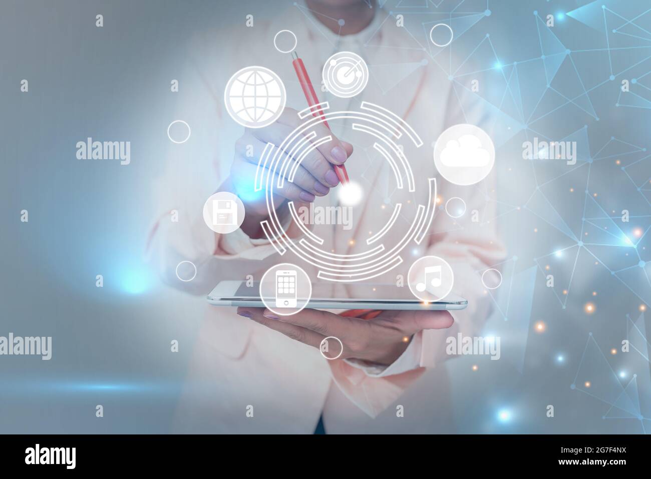 Business Woman Touching Futuristic Virtual Display Technology, Lady In ...