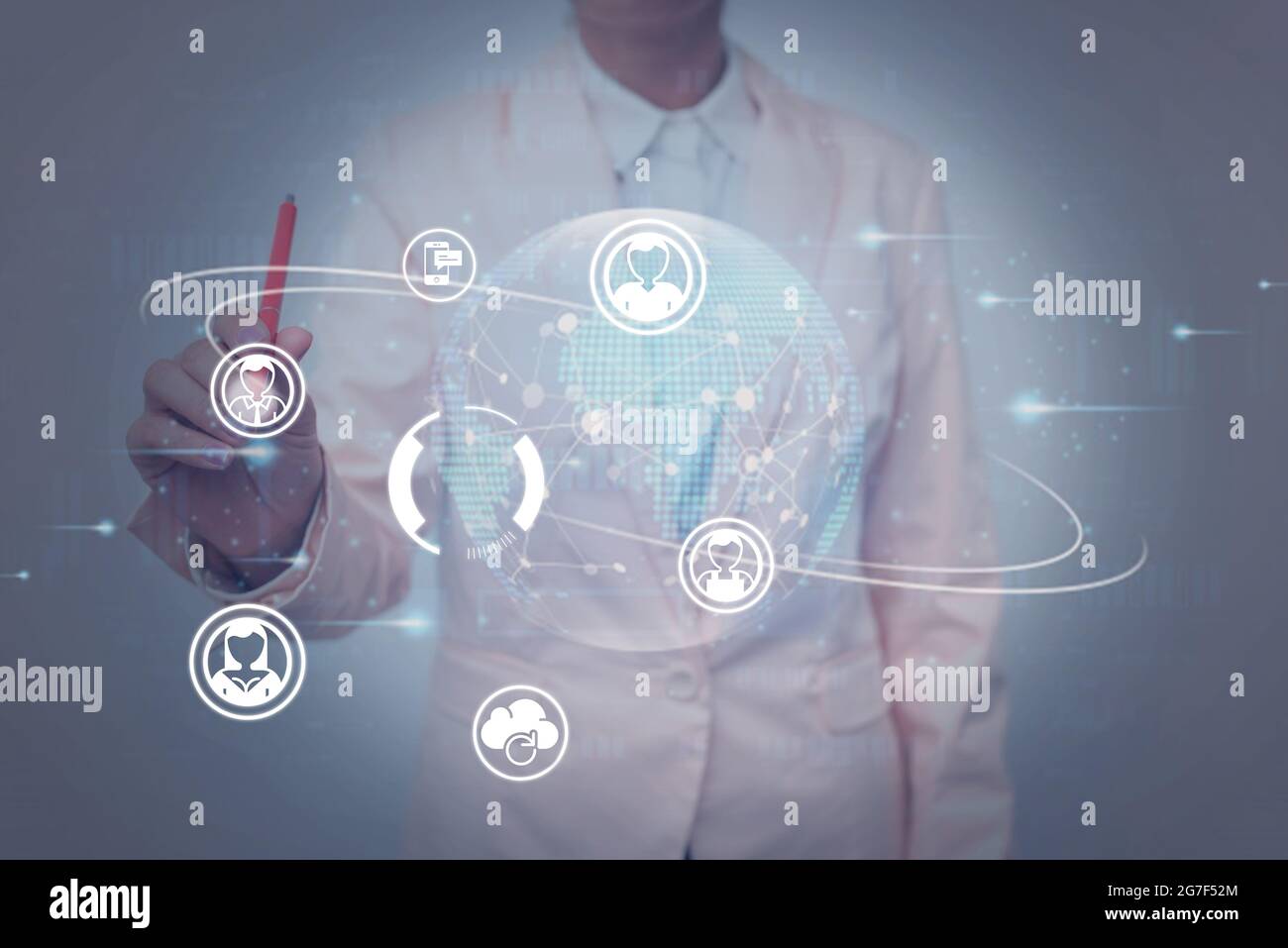 Lady In Uniform Side Standing Holding Tablet In Hand Virtually Typing ...