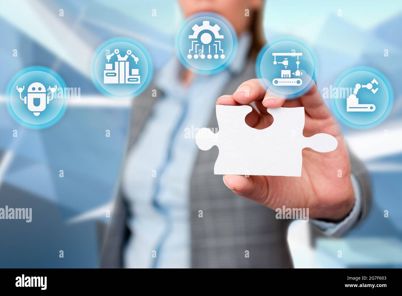 Business Woman Holding Jigsaw Puzzle Piece Unlocking New Futuristic ...