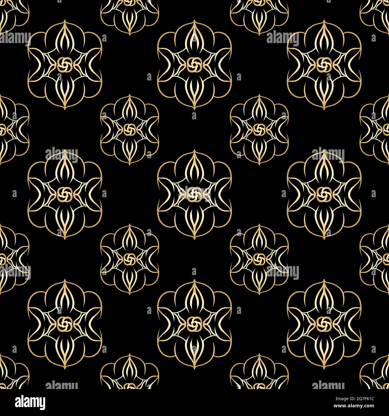 Illustration of gold geometrical repeat patterns on a black background ...