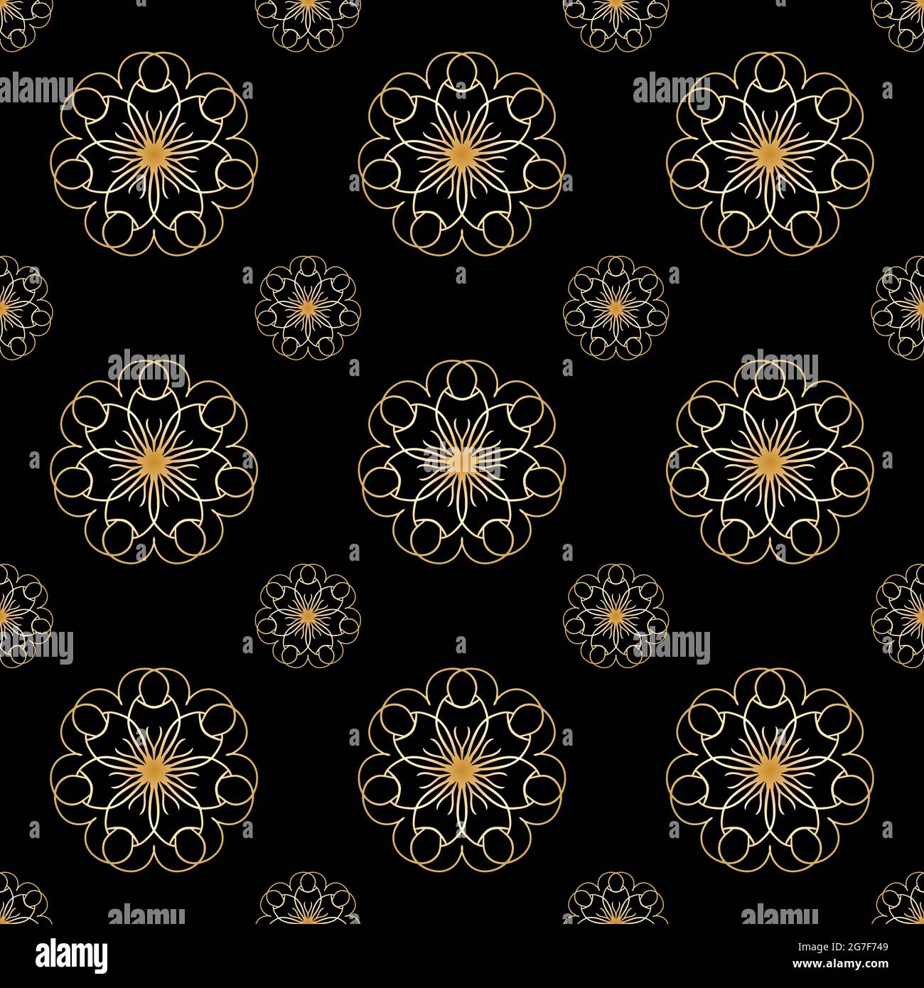 Illustration of gold geometrical repeat patterns on a black background ...
