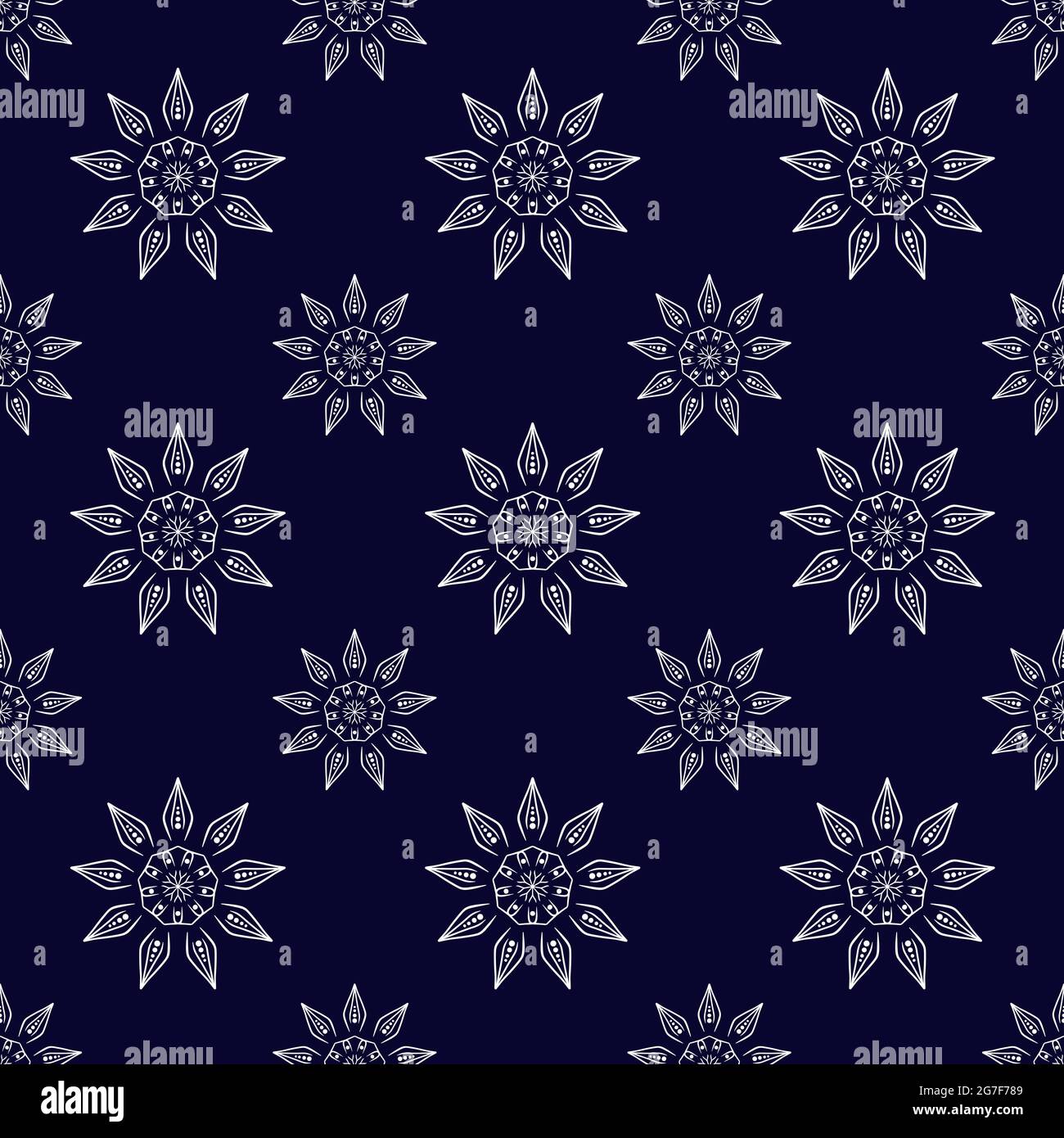 Illustration of bright ornamental repeated pattern on dark blue ...