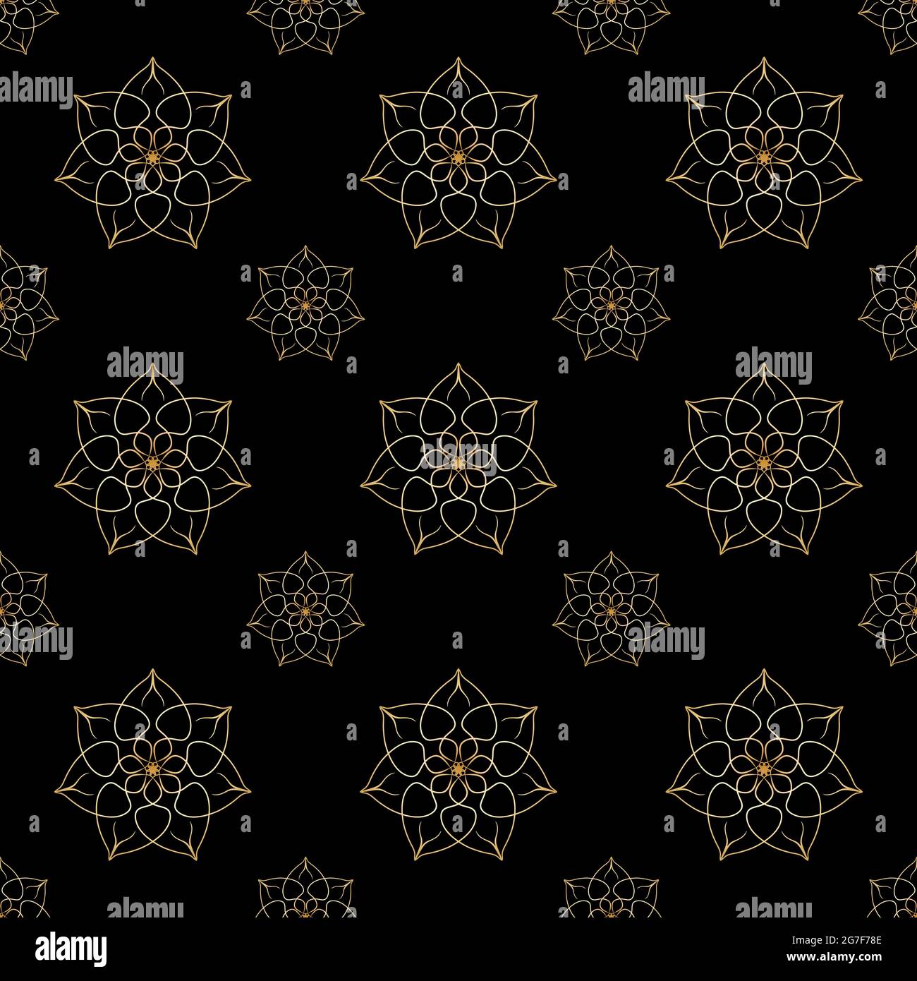 Illustration of gold geometrical repeat patterns on a black background ...