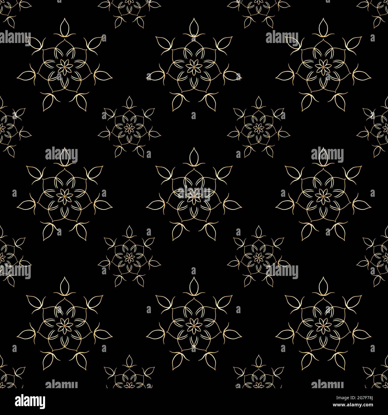 Pitch-black background with a seamless pattern of golden floral shapes ...