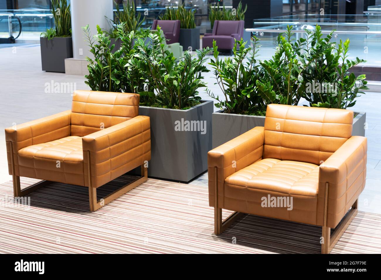 Modern armchairs furniture in shopping mall public seating area, lounge ...