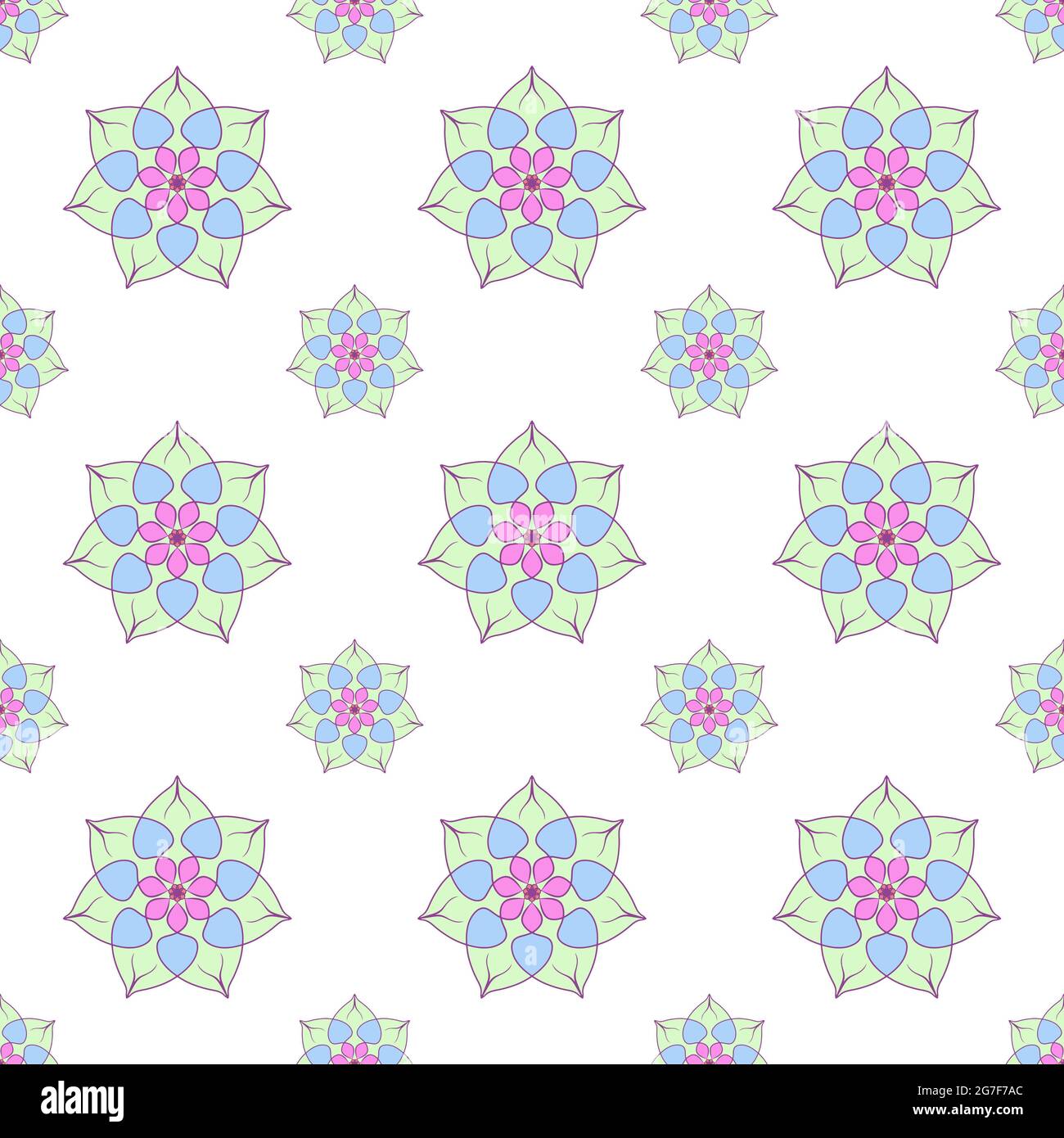 2D illustration with a seamless pattern of green, blue and pink flowers ...