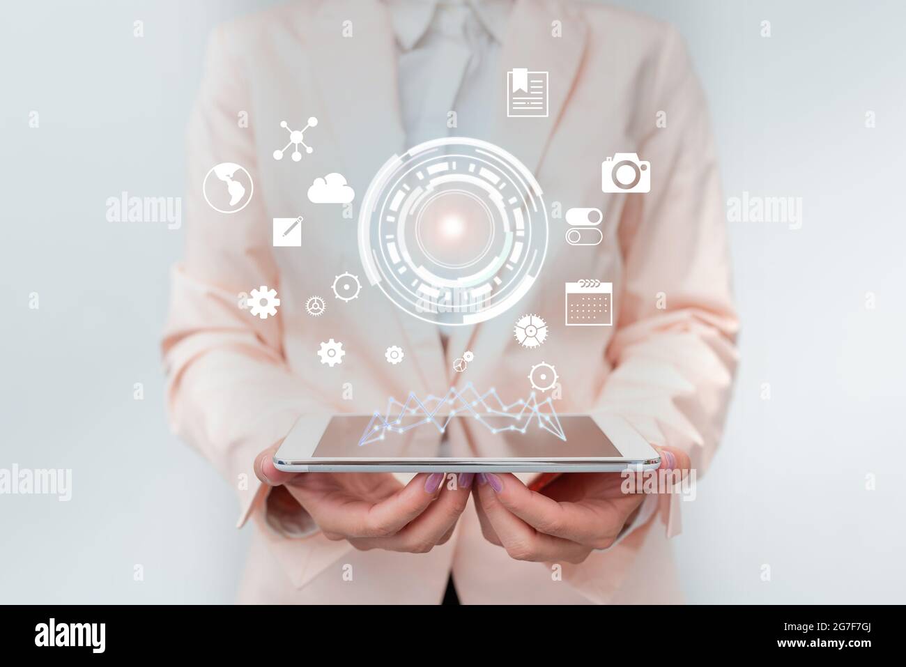 Business Woman Touching Digital Data On Holographic Screen Interface ...