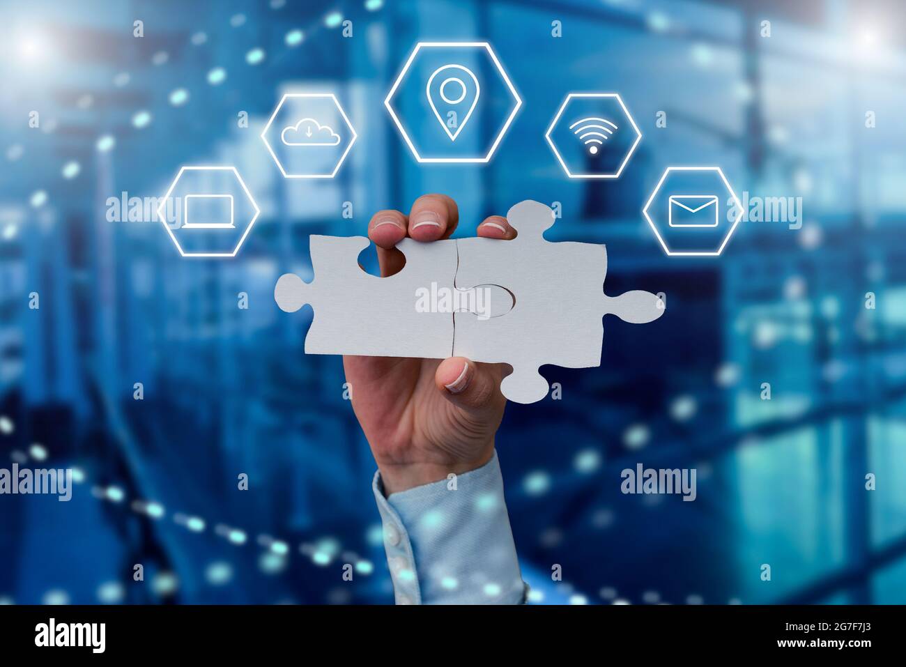 Hand Holding Jigsaw Puzzle Piece Unlocking New Futuristic Technologies ...