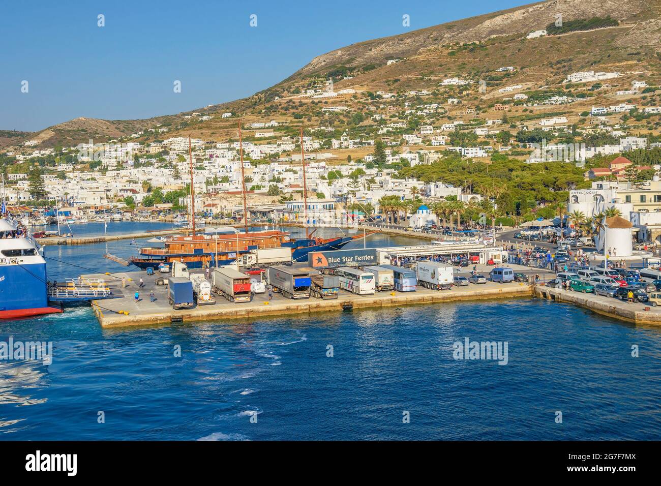 Parikia, Greece - June 2017: Port and the town Parikia as seen from a ...