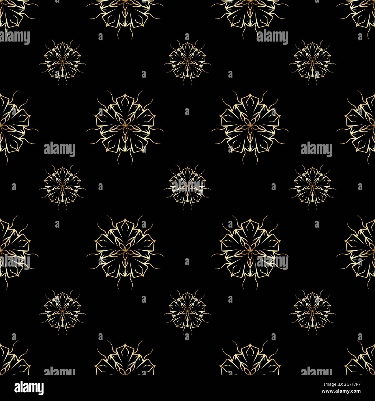 Illustration of gold geometrical repeat patterns on a black background ...
