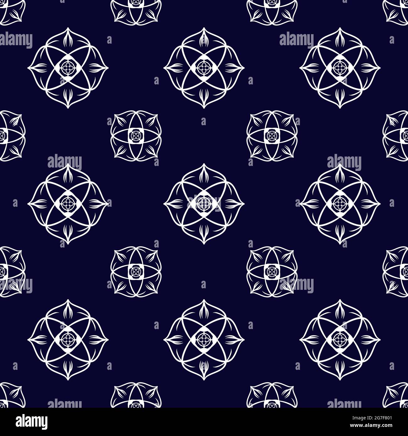 Illustration of bright ornamental repeated pattern on dark blue ...