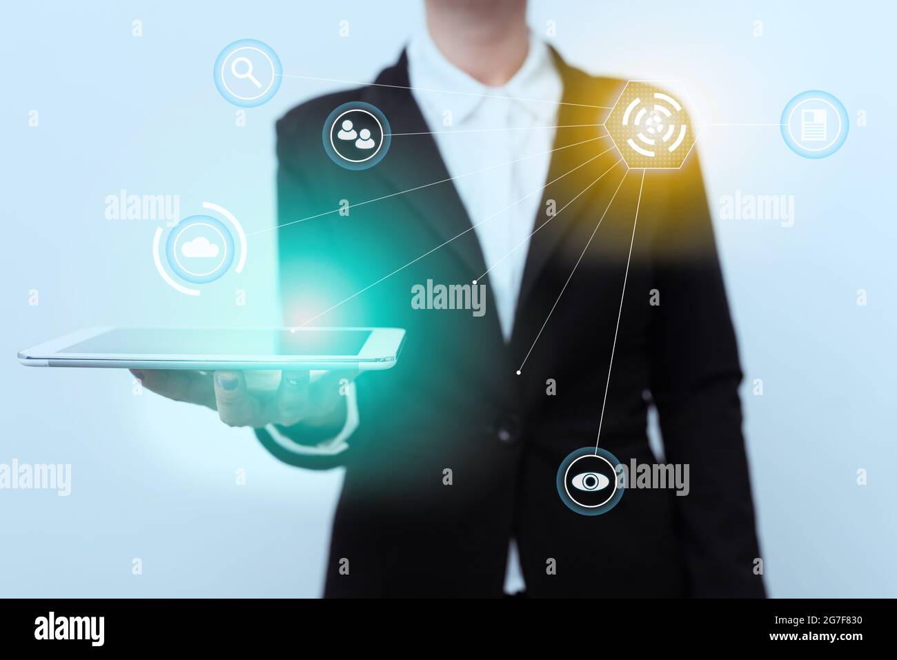Woman In Uniform Standing And Displaying Mobile Device Using Futuristic ...