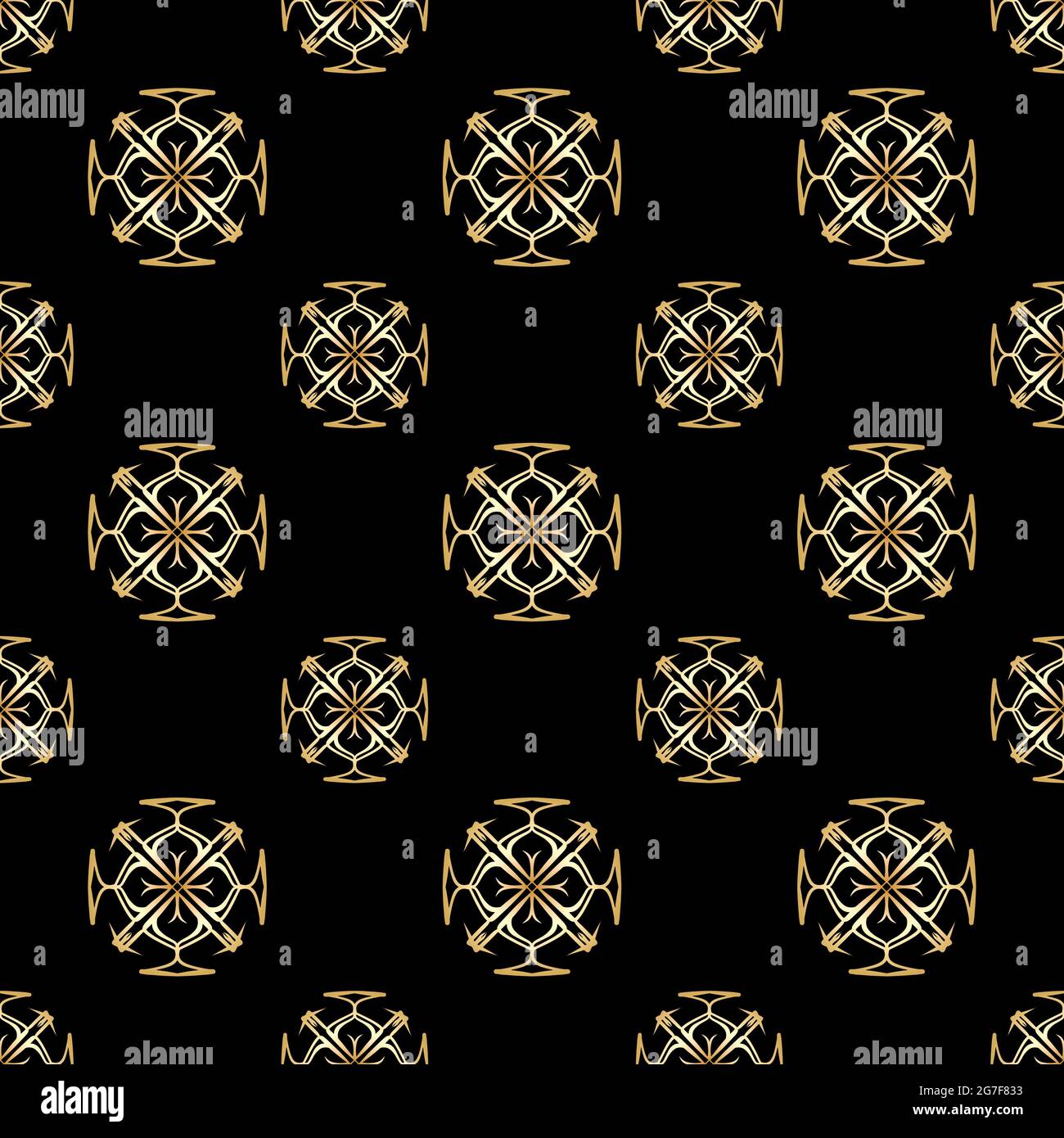 Illustration of gold geometrical repeat patterns on a black background ...