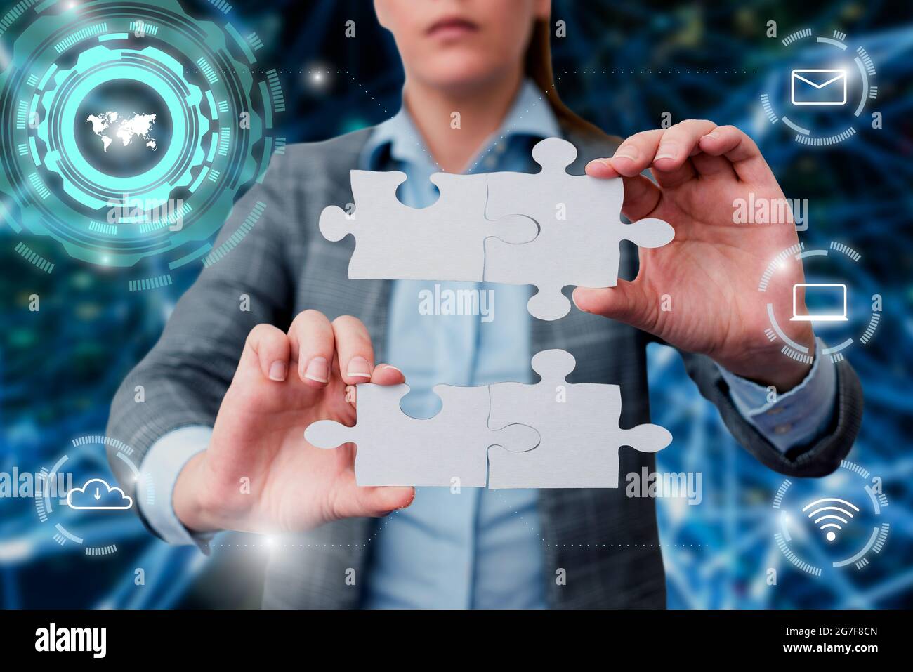 Business Woman Holding Jigsaw Puzzle Piece With Two Hands Unlocking New Futuristic Technologies ...