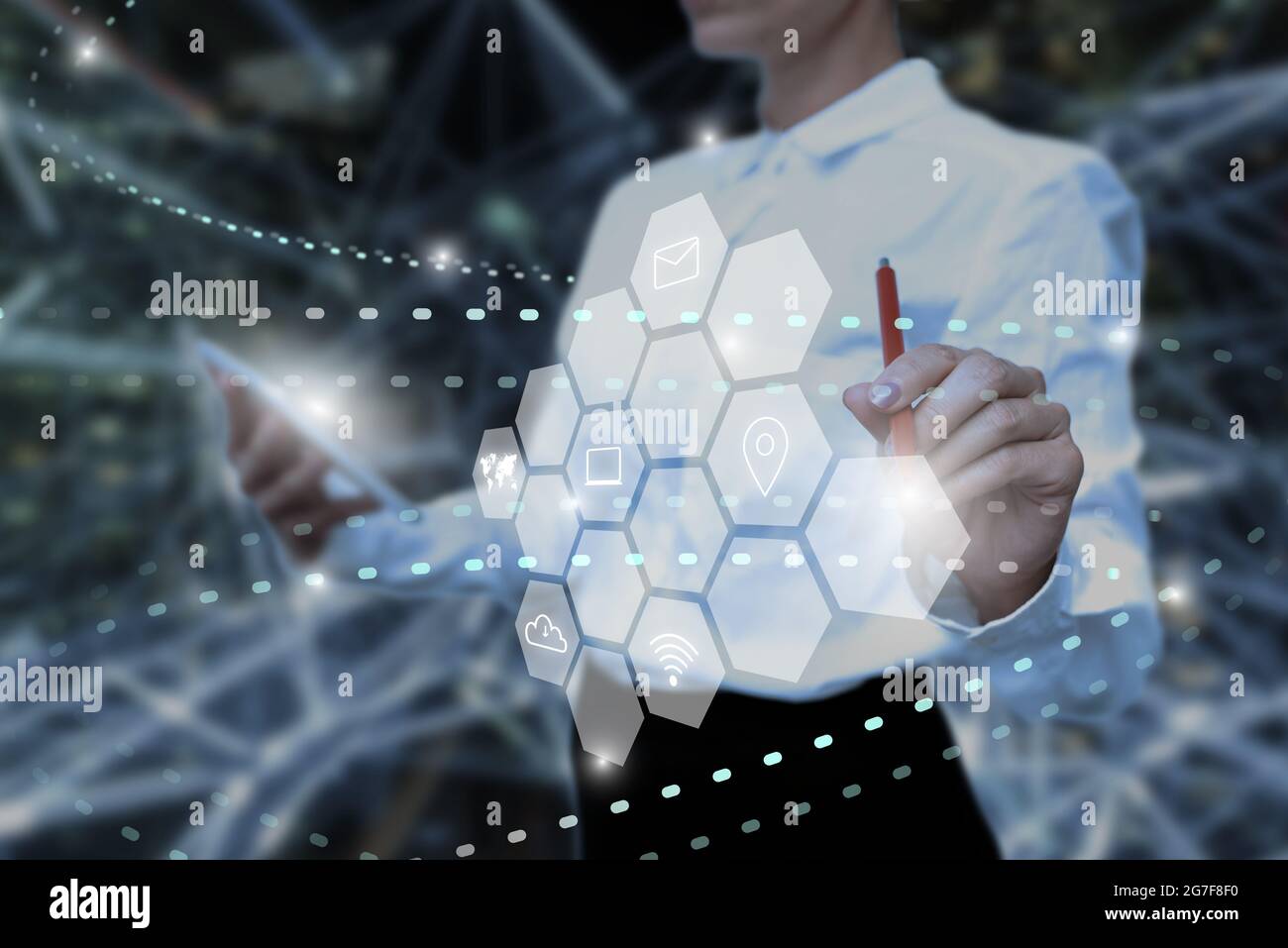 Lady In Uniform Side Standing Holding Tablet In Hand Virtually Typing ...