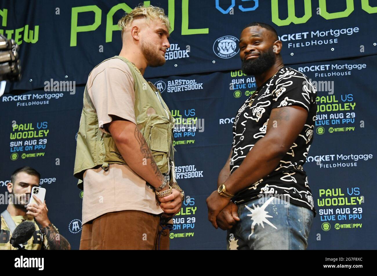 Los Angeles, USA. 13th July, 2021. (L-R) Jake Paul and Tyron Woodley at ...