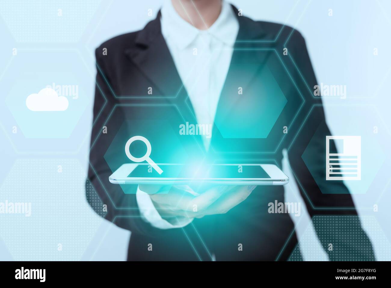 Woman In Suit Standing Holding Device Displaying Digital Virtual ...