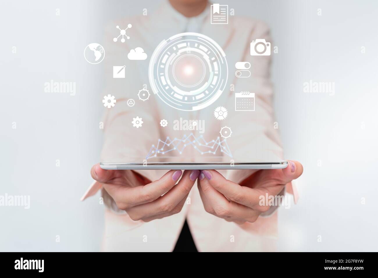 Business Woman Touching Digital Data On Holographic Screen Interface ...