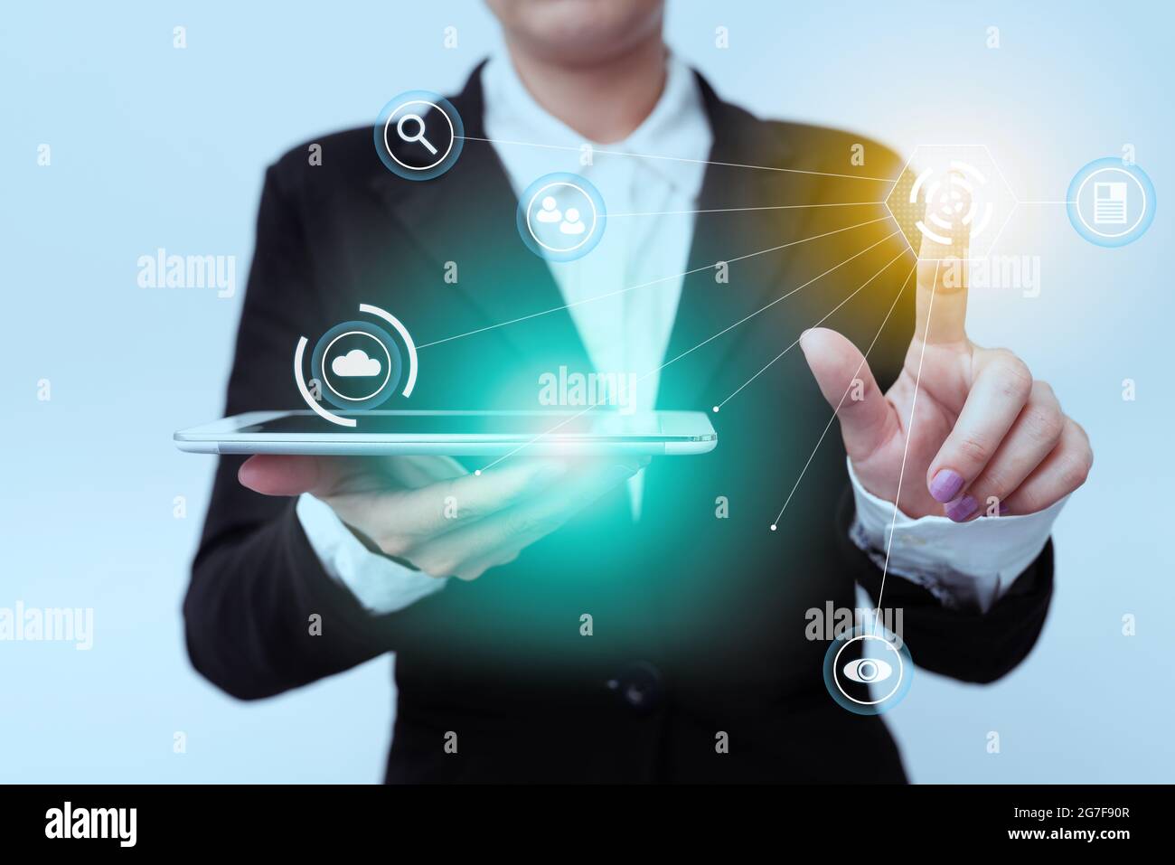 Woman In Suit Standing Holding Tablet Pointing Finger On Futuristic ...