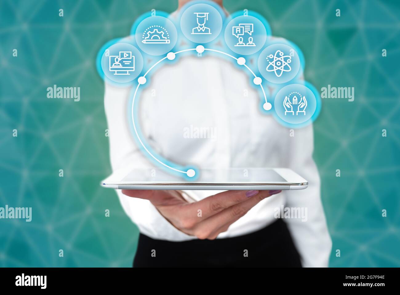 Lady In Uniform Standing Holding Tablet In Hand Presenting Virtual ...