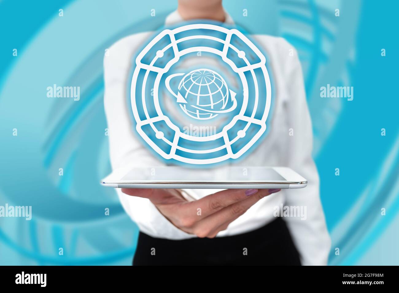 Lady In Uniform Standing Holding Tablet In Hand Presenting Virtual ...