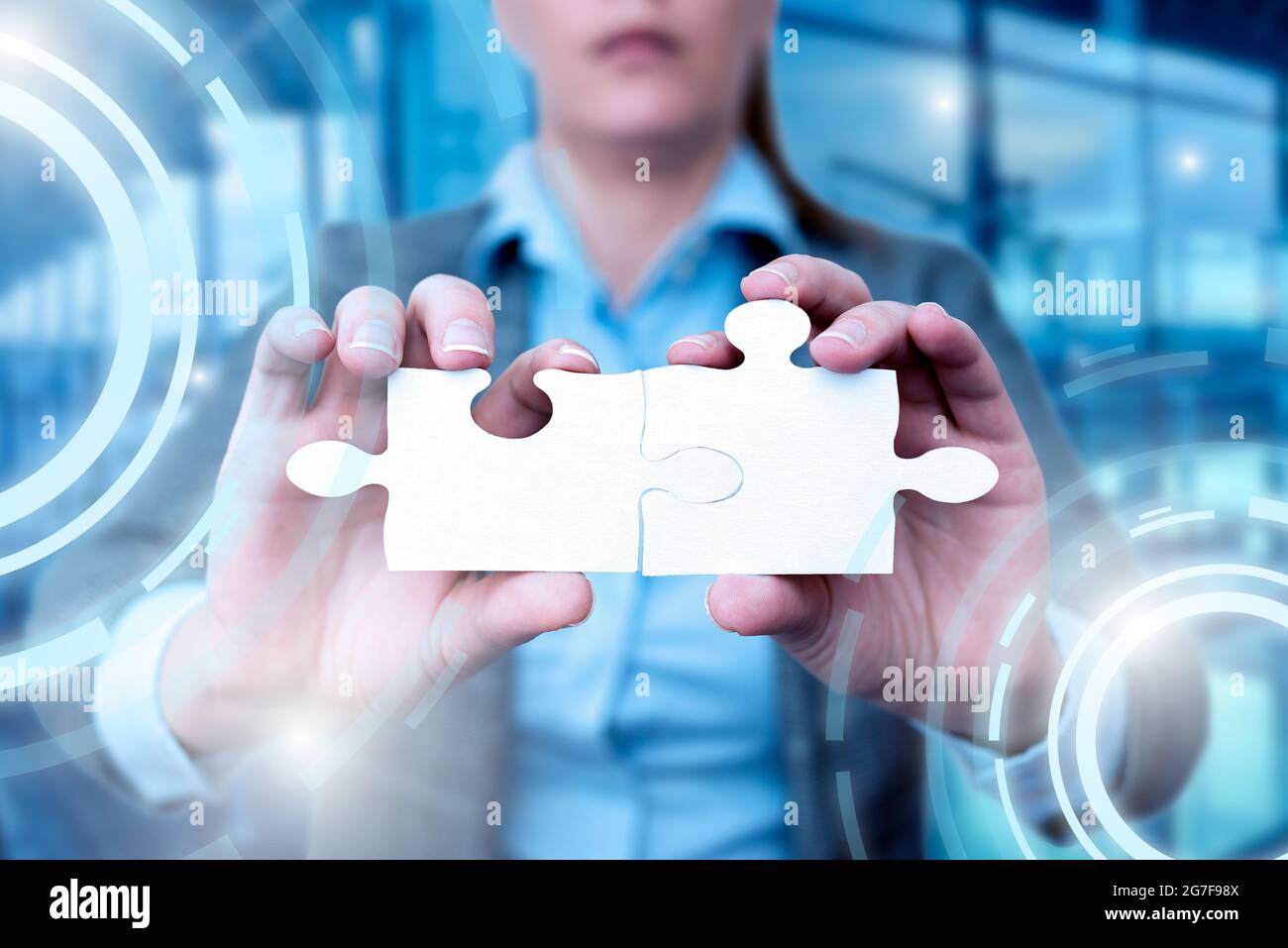 Business Woman Holding Jigsaw Puzzle Piece Unlocking New Futuristic Technologies. Palm Carrying ...