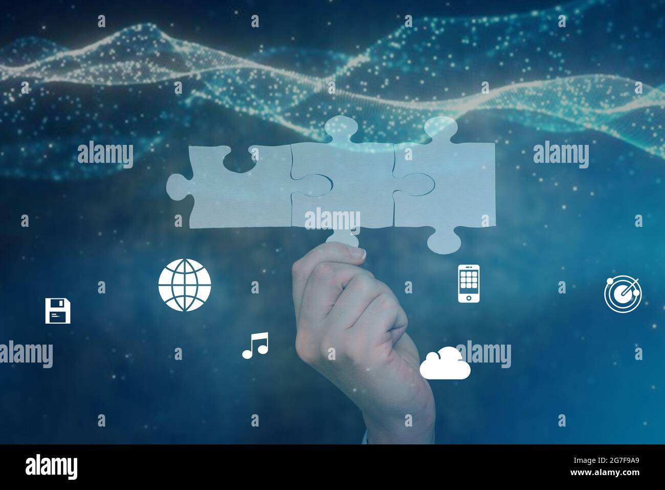 Hand Holding Jigsaw Puzzle Piece Unlocking New Futuristic Technologies ...