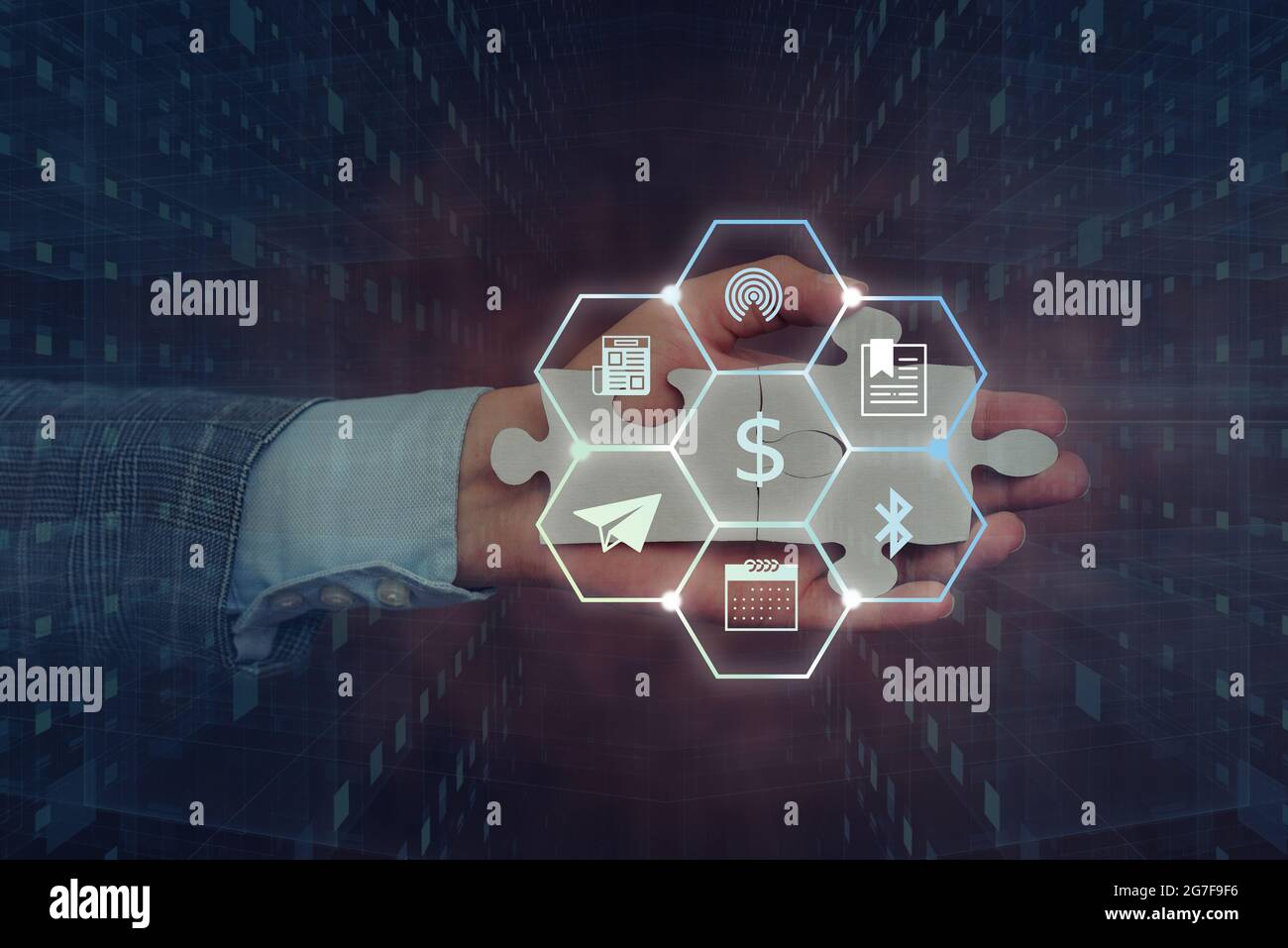 Hand Holding Jigsaw Puzzle Piece Unlocking New Futuristic Technologies ...