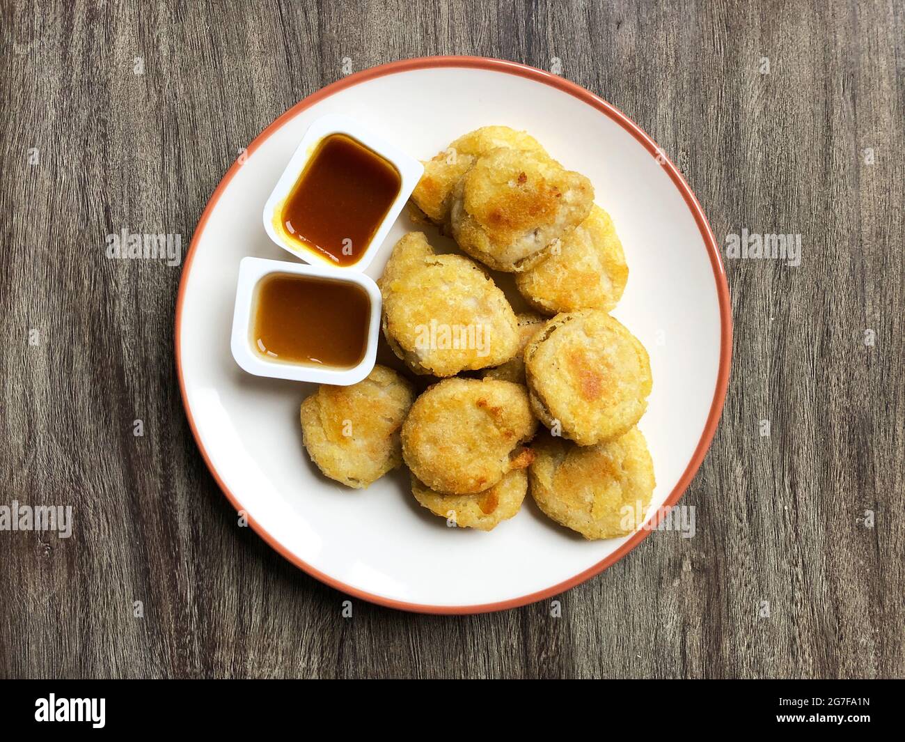 Top view of chicken nuggets with two sauces Stock Photo - Alamy