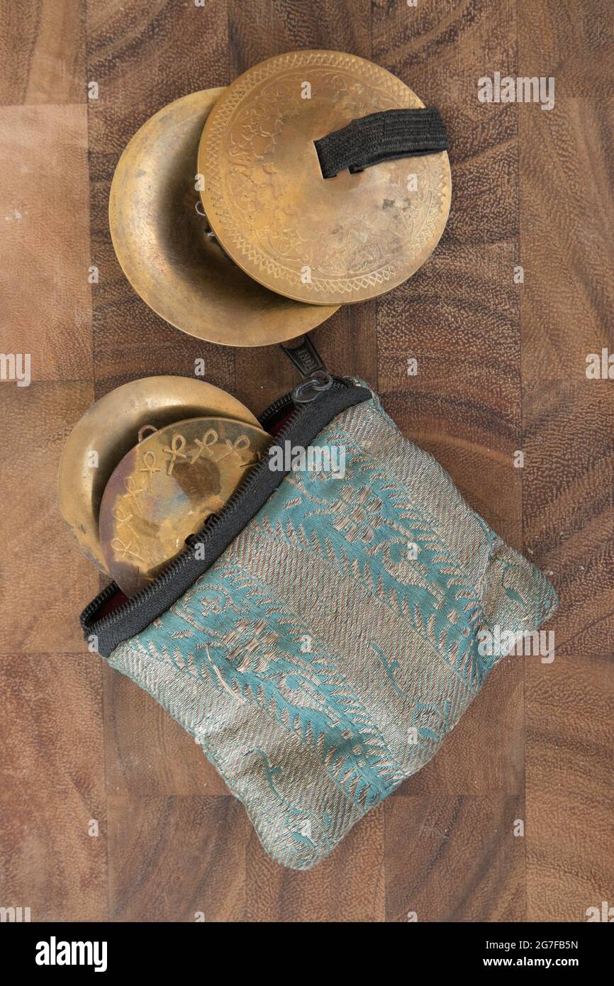 Top view shot of religious instruments for sound and music for Hindus ...