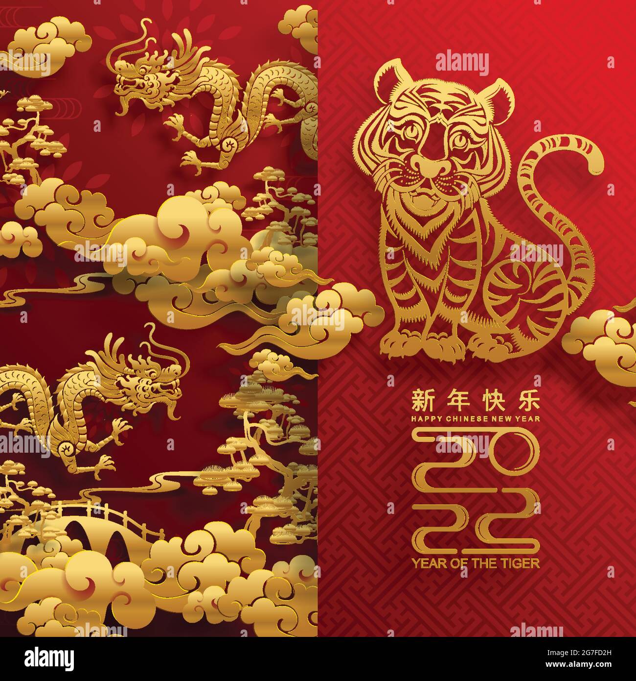 Chinese new year 2022 year of the tiger red and gold flower and asian ...