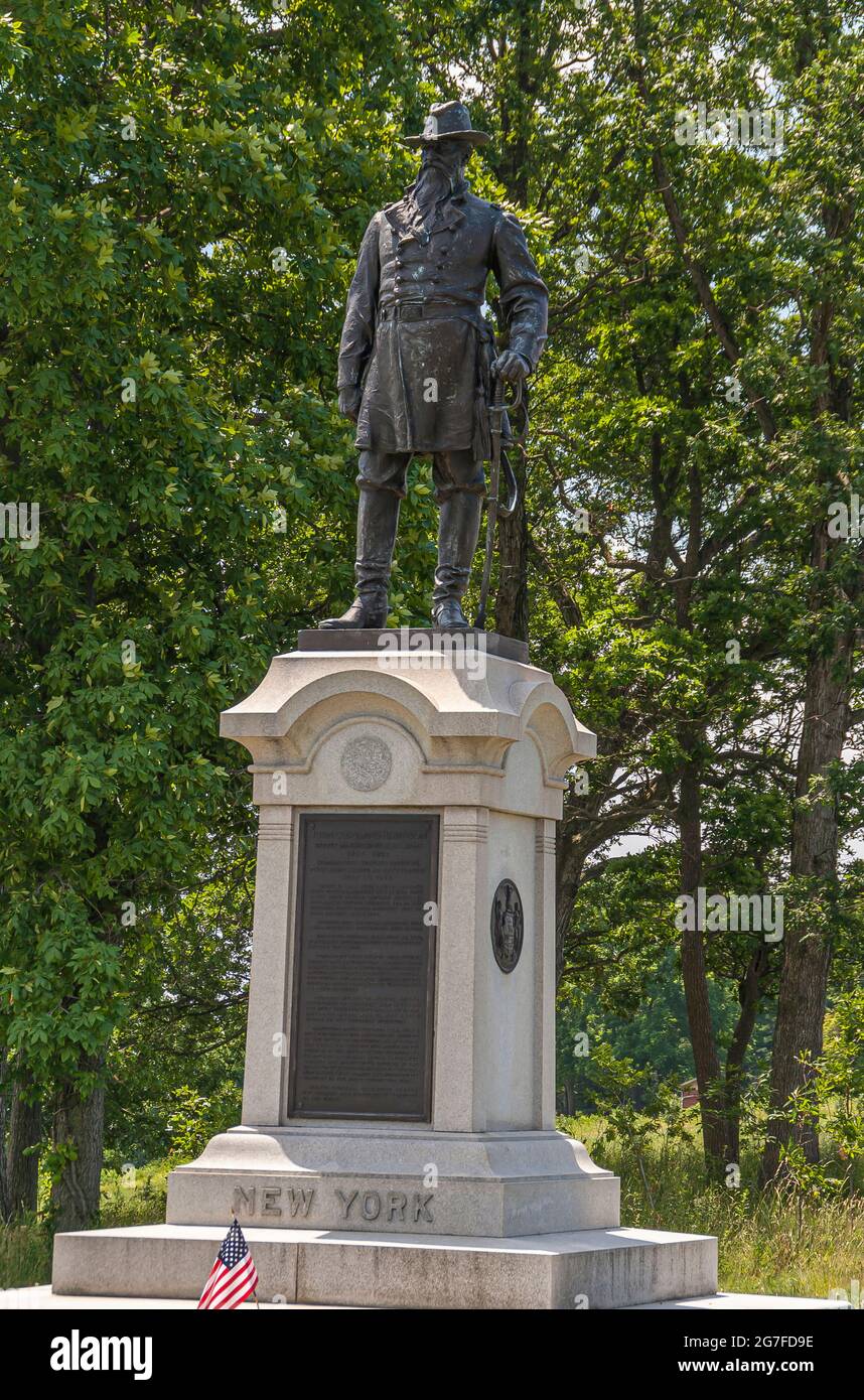 Gettysburg, PA, USA - June 15, 2008: Battlefield monuments. Closeup of New York dark bronze ...
