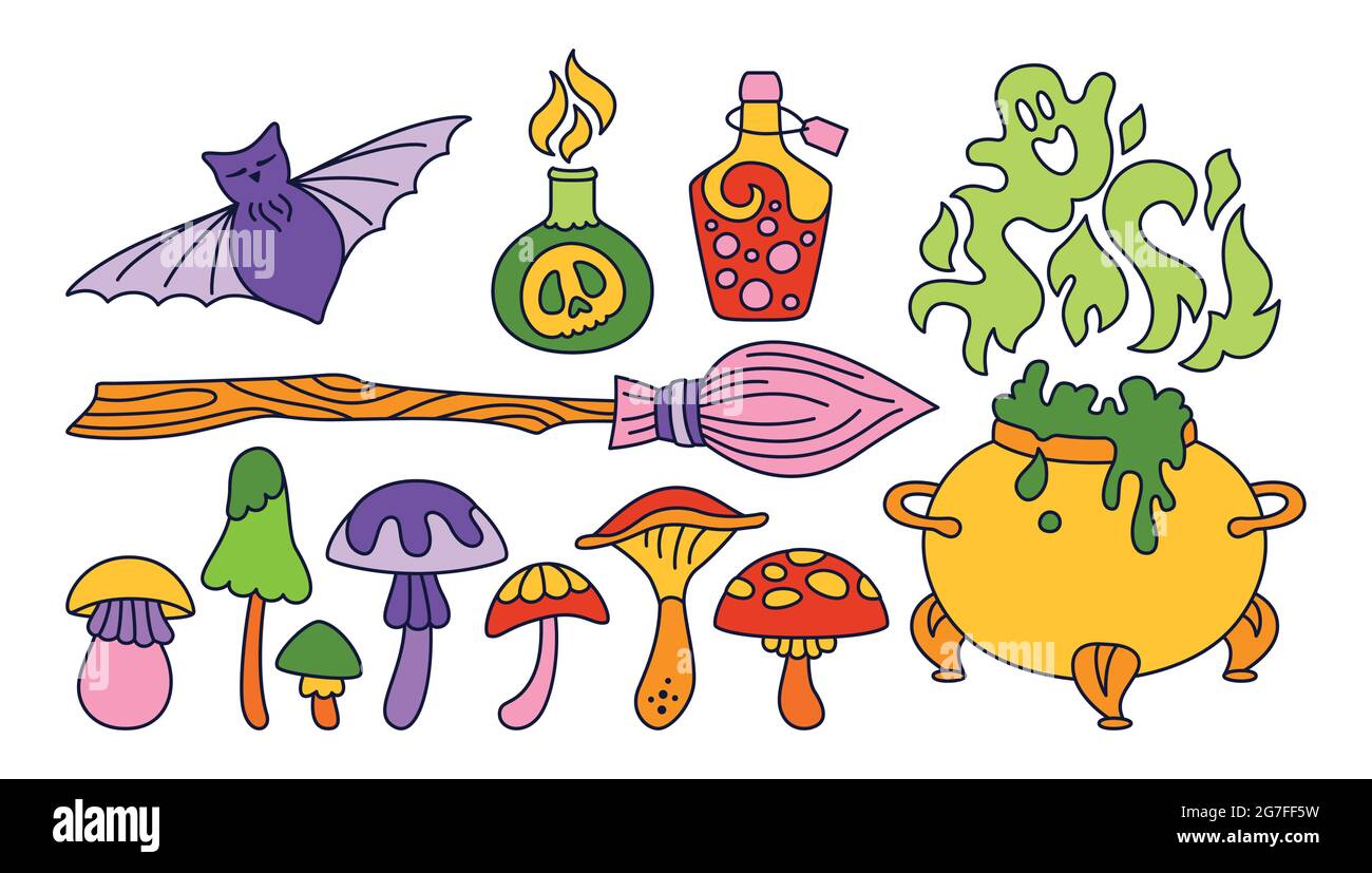 Magic Halloween set, witch elements bright line drawing. Hag cauldron ...