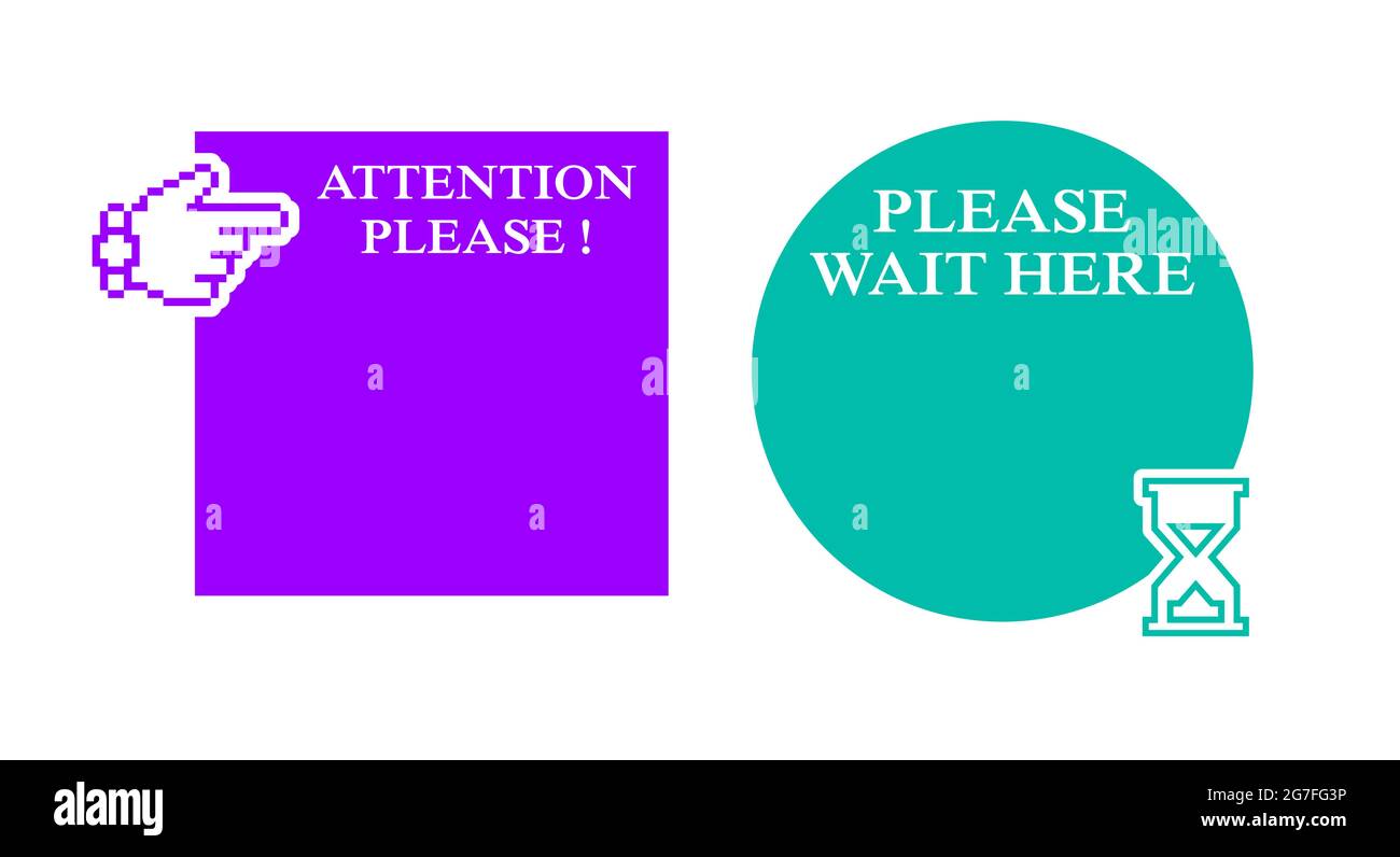 Attention square sign with pixel hand cursor and round wait sign with ...