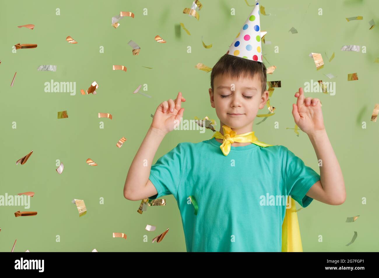 Cute little boy celebrating Birthday on color background Stock Photo ...