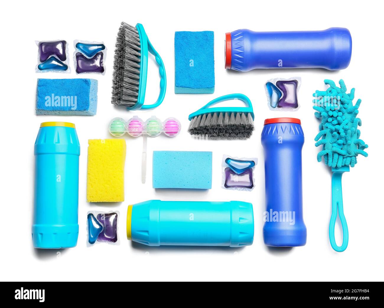 Set of cleaning supplies on white background Stock Photo - Alamy