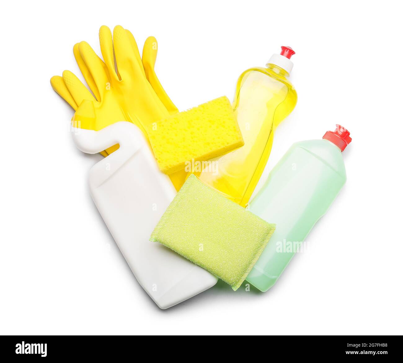 Set of cleaning supplies on white background Stock Photo - Alamy