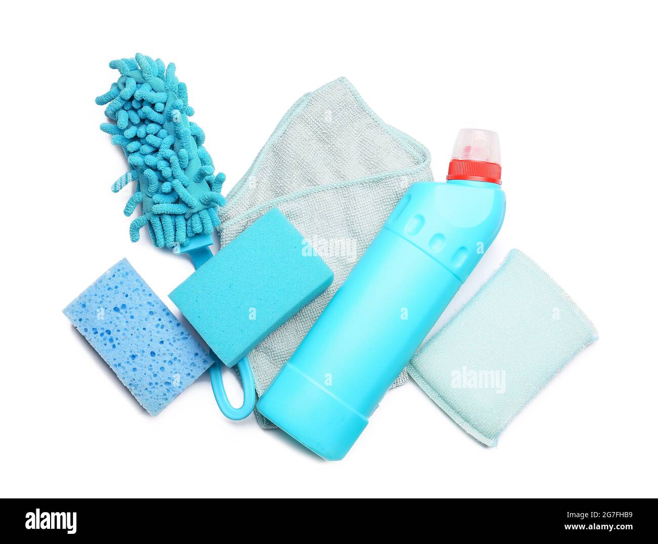 Set of cleaning supplies on white background Stock Photo - Alamy