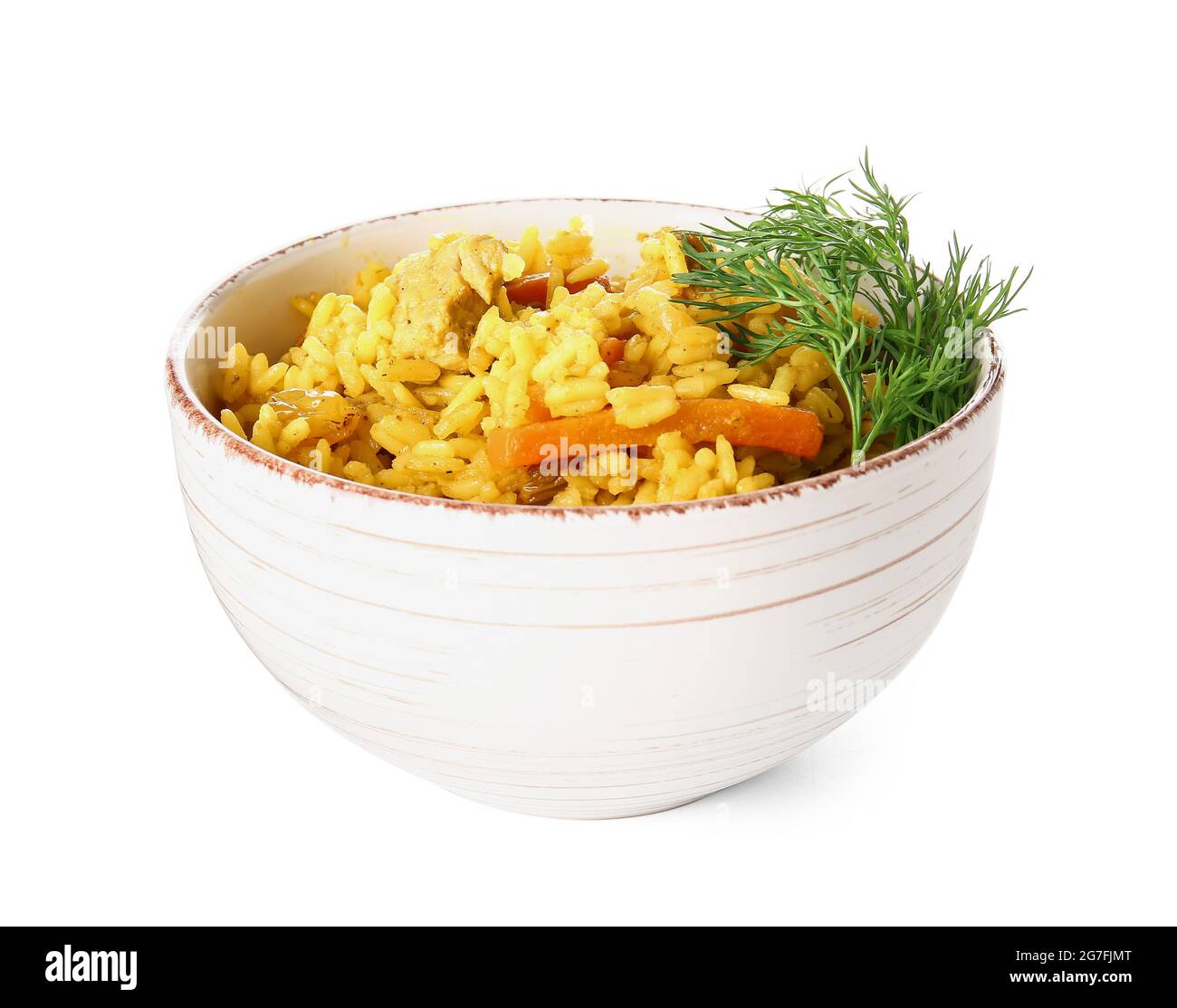 Bowl with tasty pilaf on white background Stock Photo - Alamy