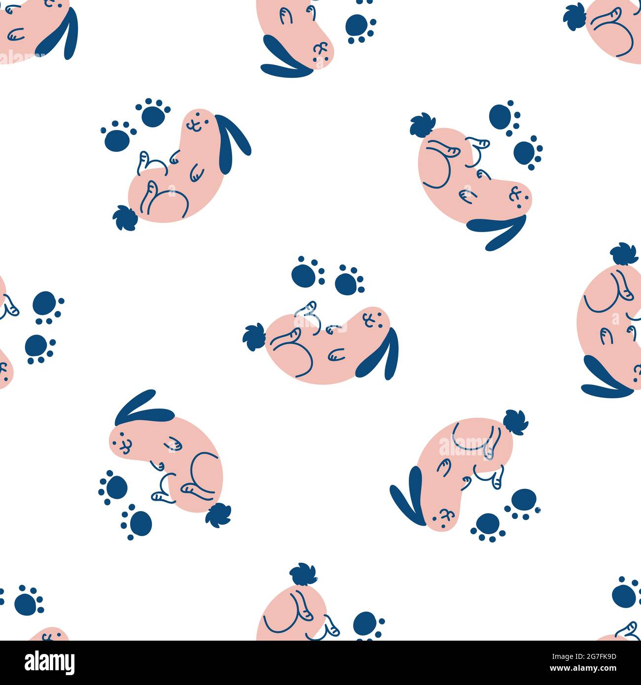 Seamless cute cartoon pet rabbit doodle pattern. Whimsical minimal 2 ...