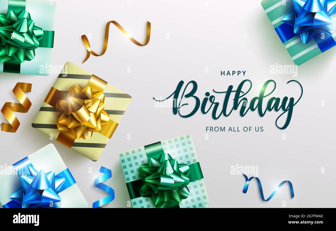 Birthday gifts vector design. Happy birthday greeting text with gift ...